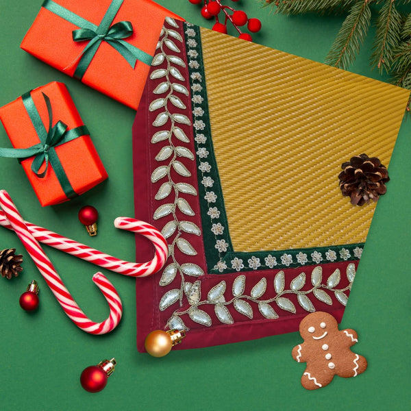 Yellow Nylon Handmade Chatai/Mat with Red, Green & Golden sequins work ...